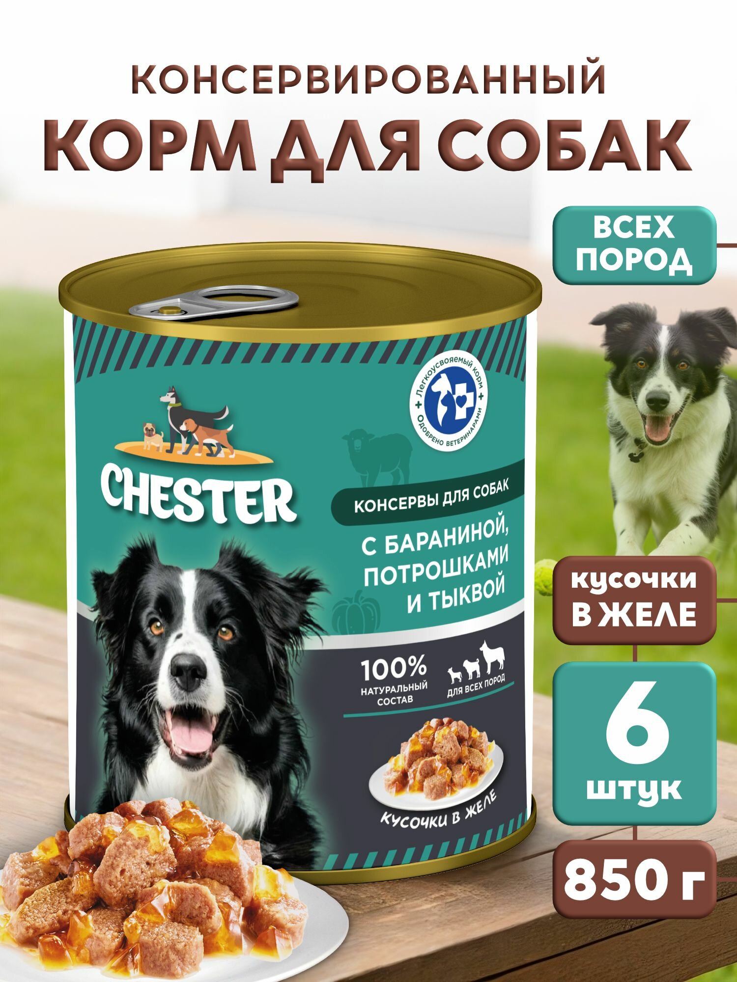Влажный корм кусочки в желе CHESTER для всех пород с бараниной, потрошками и тыквой 6 шт по 850 г