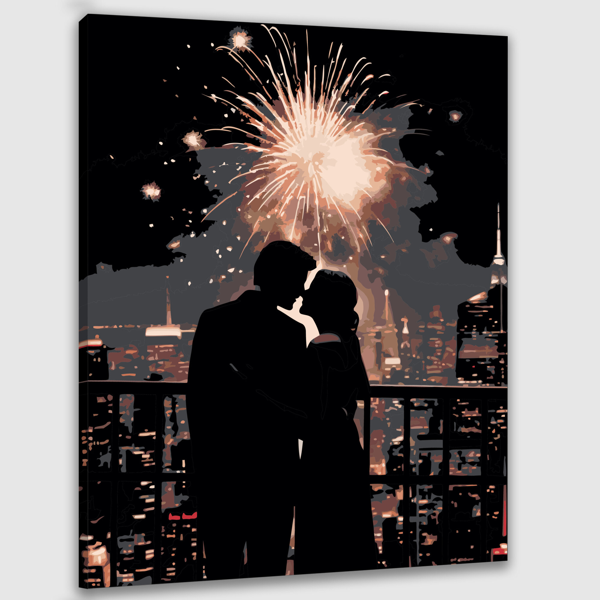 Картина по номерам 40x50 см, фотография, разрешение, стильная пара, романтический поцелуй, городской пейзаж, фейерверки