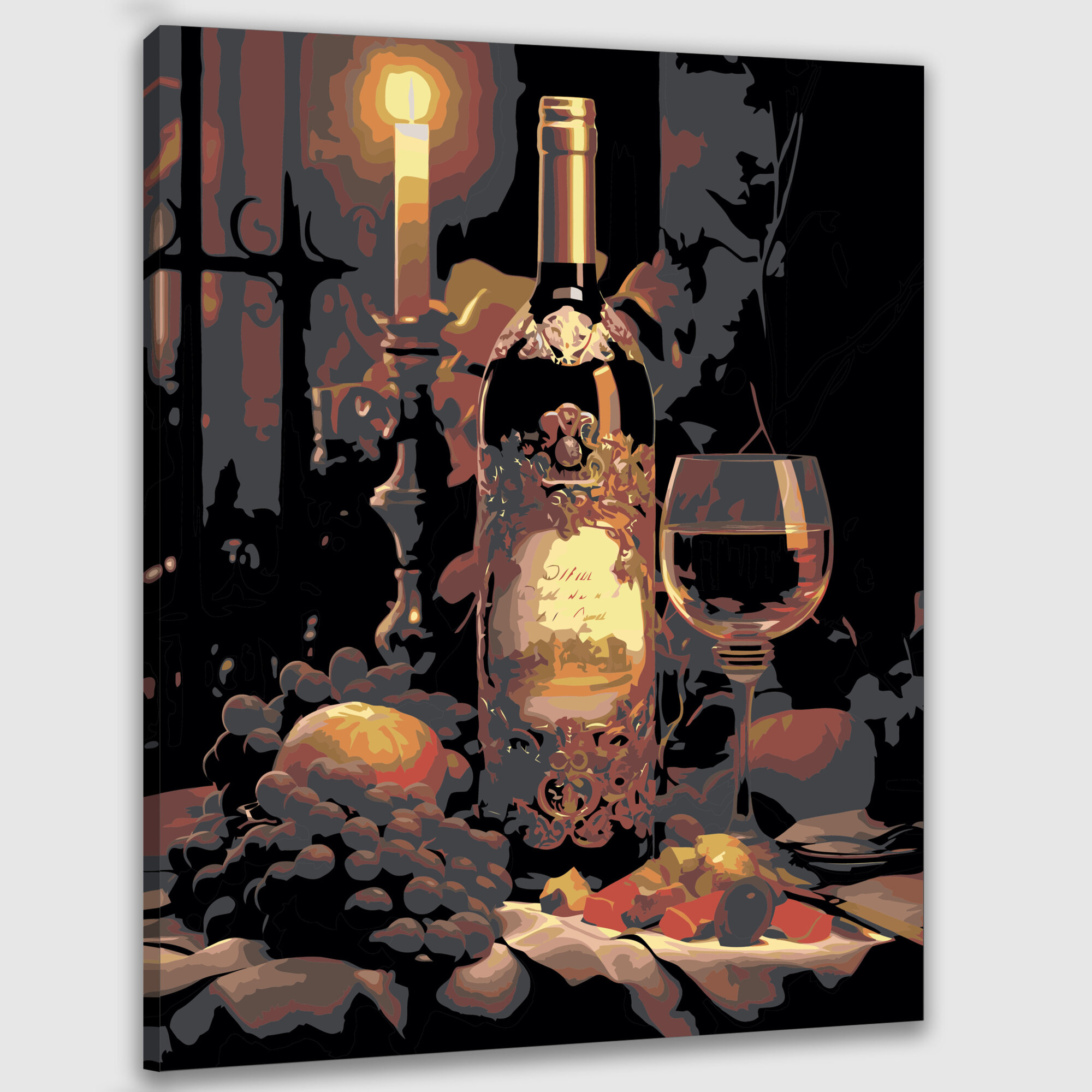Картина по номерам 40x50 см, вино, бутылка, элегантность, винтажный стиль, этикетки, витиеватые детали, стол