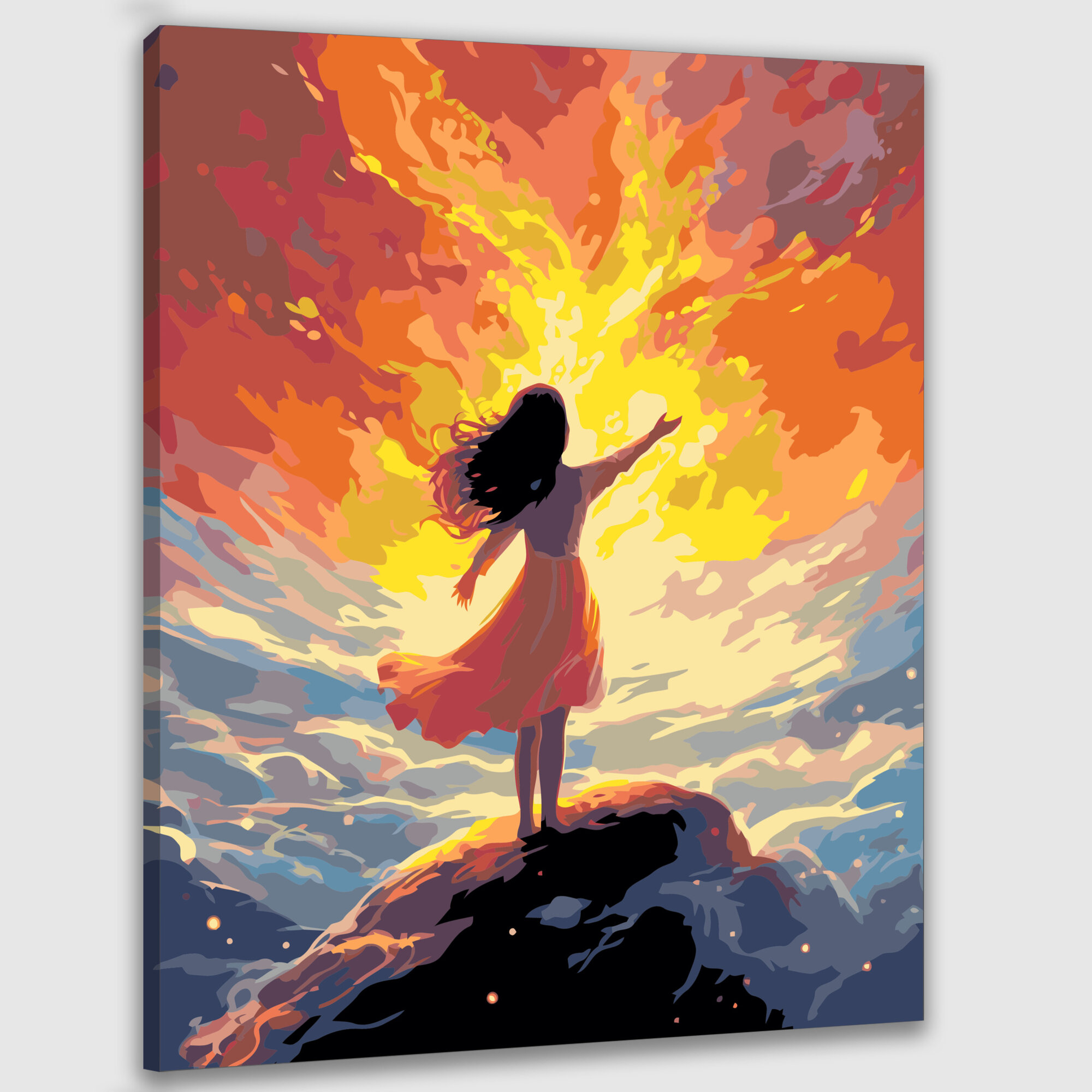 Картина по номерам 40x50 см, молодая девушка, утес, руки вверх, обращение к небу, кружащиеся волны, яркие цвета