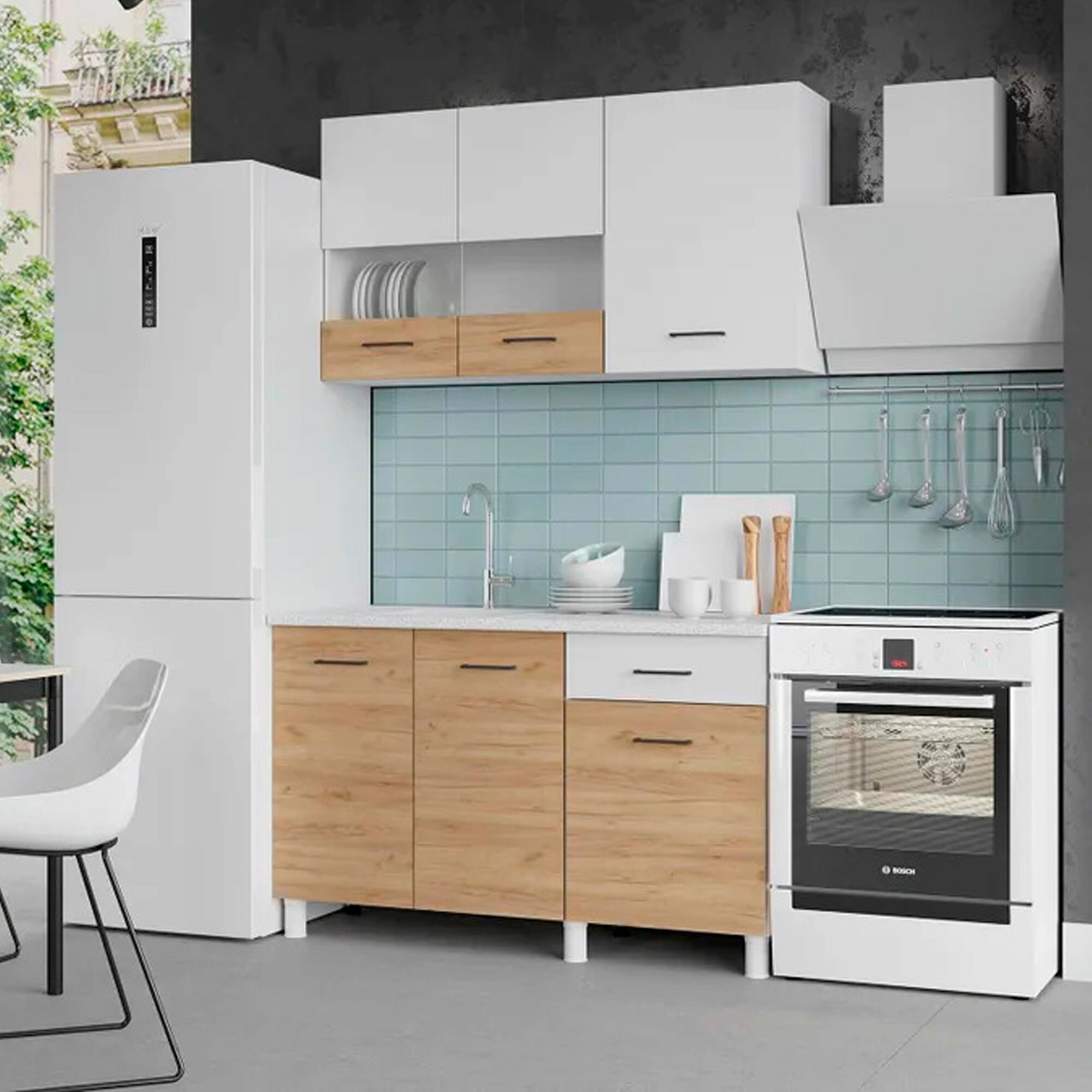 Кухня Trend 1300 Белый / Дуб золотой, ширина 130 см, для дома, с полками и выдвижными ящиками