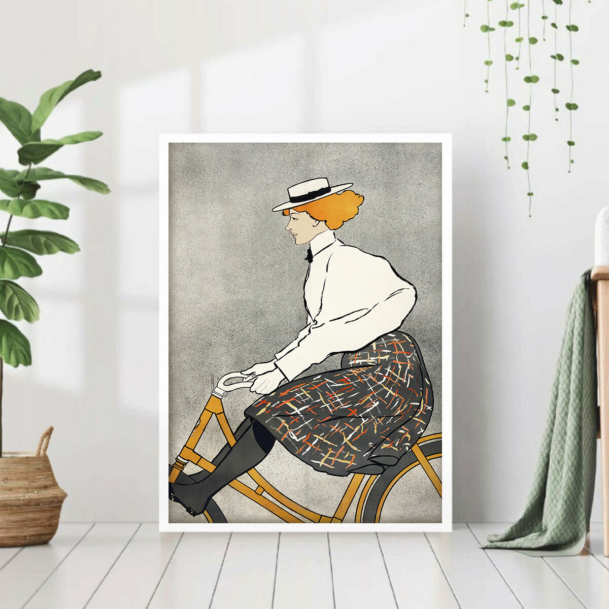 Постер "Женщина на велосипеде ретро иллюстрация" в белой рамке 50x70 см для интерьера на стену