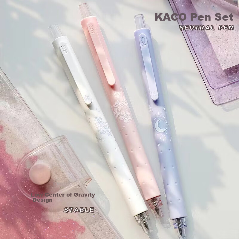KACO Jingdian Cherry Blossom Retractable Gel Pen, Stylish 0.5mm Bullet Tip Signing Pen, Exam Writing Pen, 3 Pens/box (2 Black Refills, 1 Pink Refill), Roadside Night Cherry Blossom