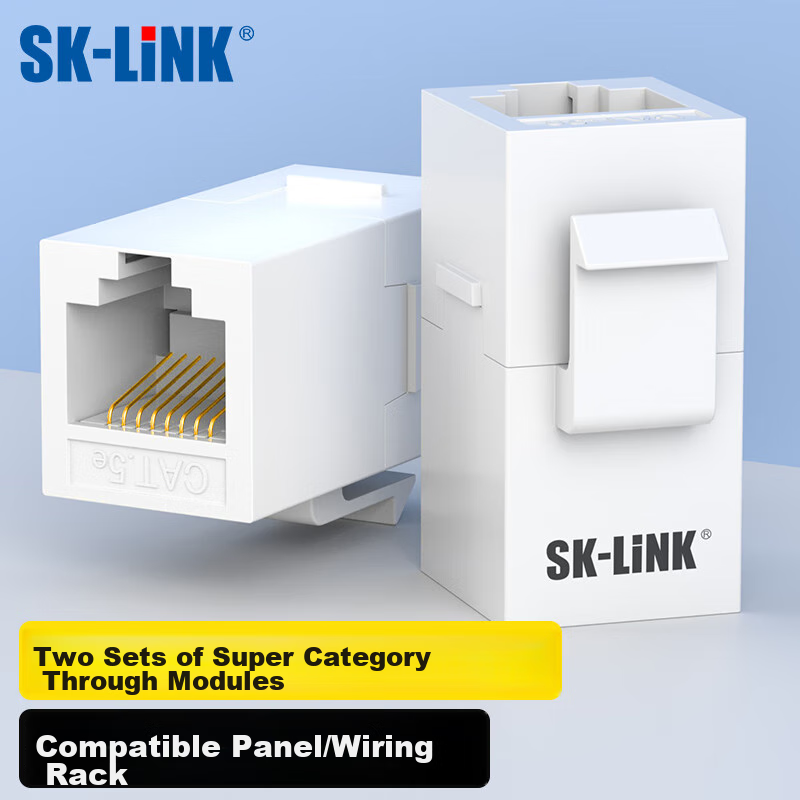 SK-LINK Cat5e Network Straight-Through Connector, Information Module Straight-Through Module, Network Cable Adapter, Coupling Connector, Extension Connector, Double-Through Head, RJ45 Network Port, White, 2-Pack