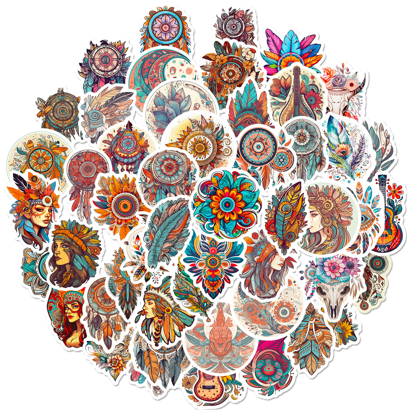 50 виниловых наклеек в стиле бохо, ретро и экзотические наклейки с ловцами снов для багажа, ноутбука, чехла для телефона, бутылки с водой | Винтажные художественные наклейки с ловцами снов для взрослых и подростков