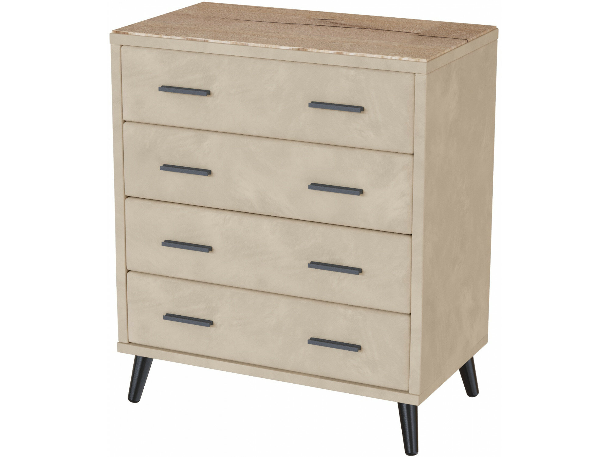 Комод интерьерный с 4 ящиками, с мягкой обивкой, 80х46х93 , велюр  бежевый/мдф дуб канадский