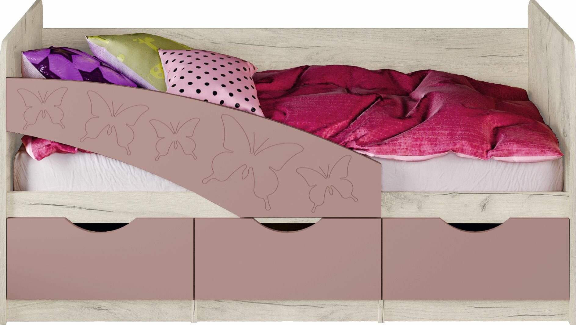 Кровать Бабочки 1,8*0,8м (Шарли Pink/Дуб Крафт Белый) (Миф)