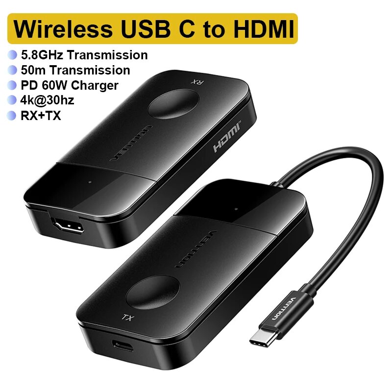 Беспроводной HDMI-удлинитель Vention 4K @ 30 Гц, приемник видеопередатчика, 5 ГГц, Wi-Fi, USB C-HDMI-адаптер для IOS, Android, ноутбука, ТВ, ПК