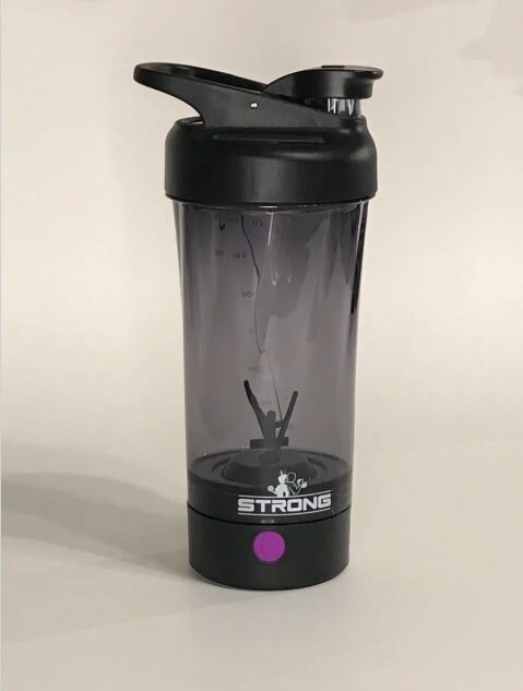 Новый шейкер спортивный с электрическим блендером и подсветкой. Черный / фиолетовая кнопка.