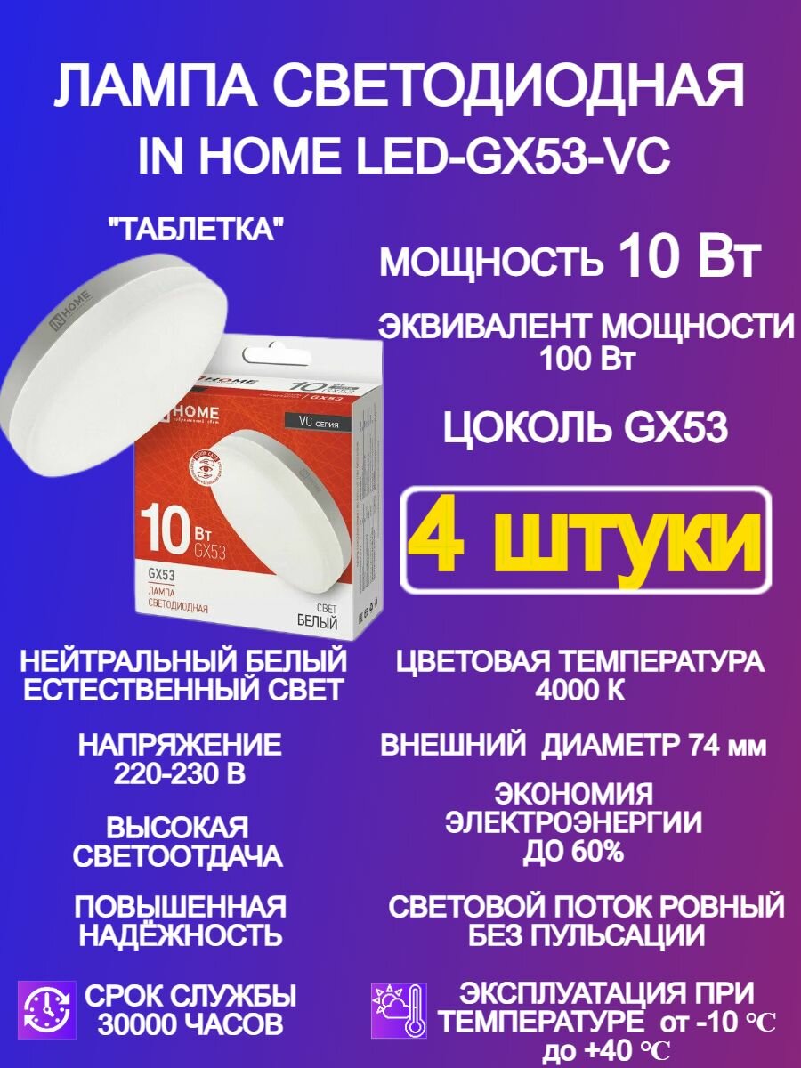 Светодиодная лампа InHome GX53 10 Вт. 4000K (4 шт.)