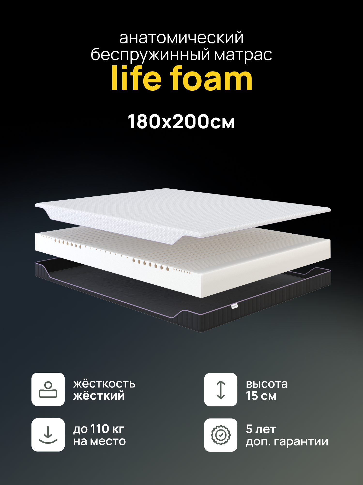 Анатомический беспружинный матрас PREMIUM Life Foam 180х200 см, высота 15 см