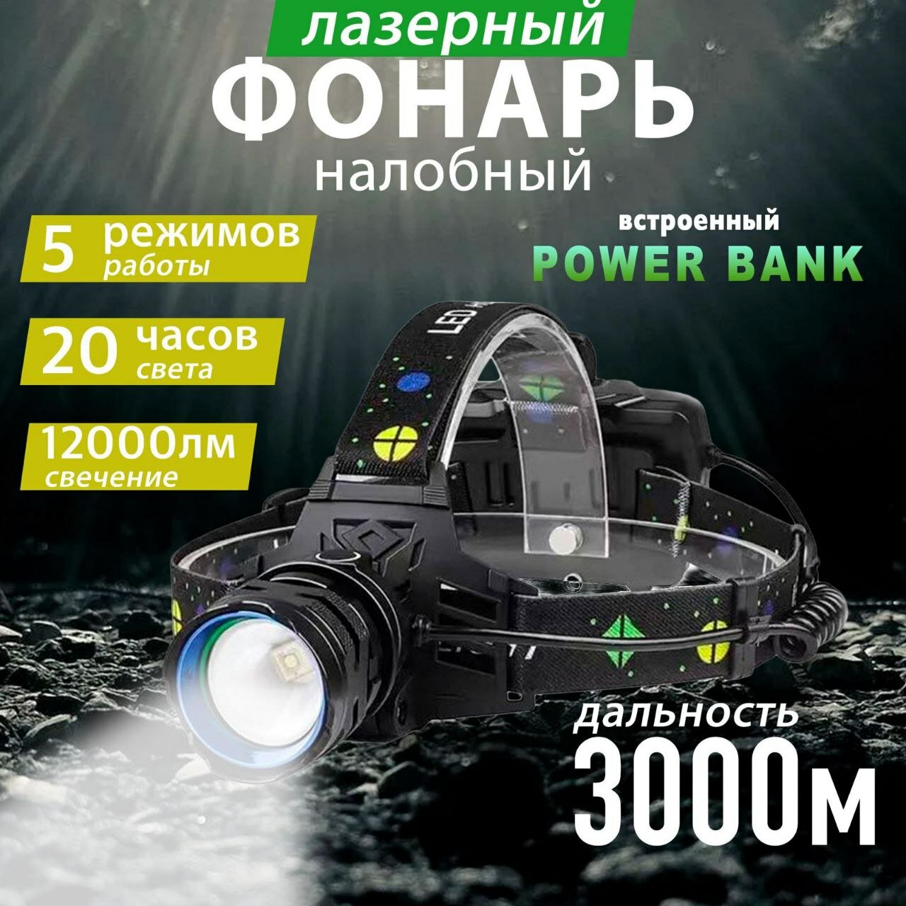 Налобный фонарь, с лазерным диодом, IP68, до 500м, 18650, черный — фото 1