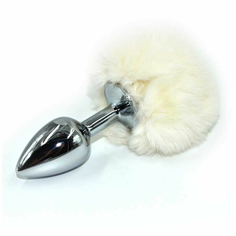 Анальная пробка с маленьким хвостиком из белого натурального меха Kanikule, серебристая - S