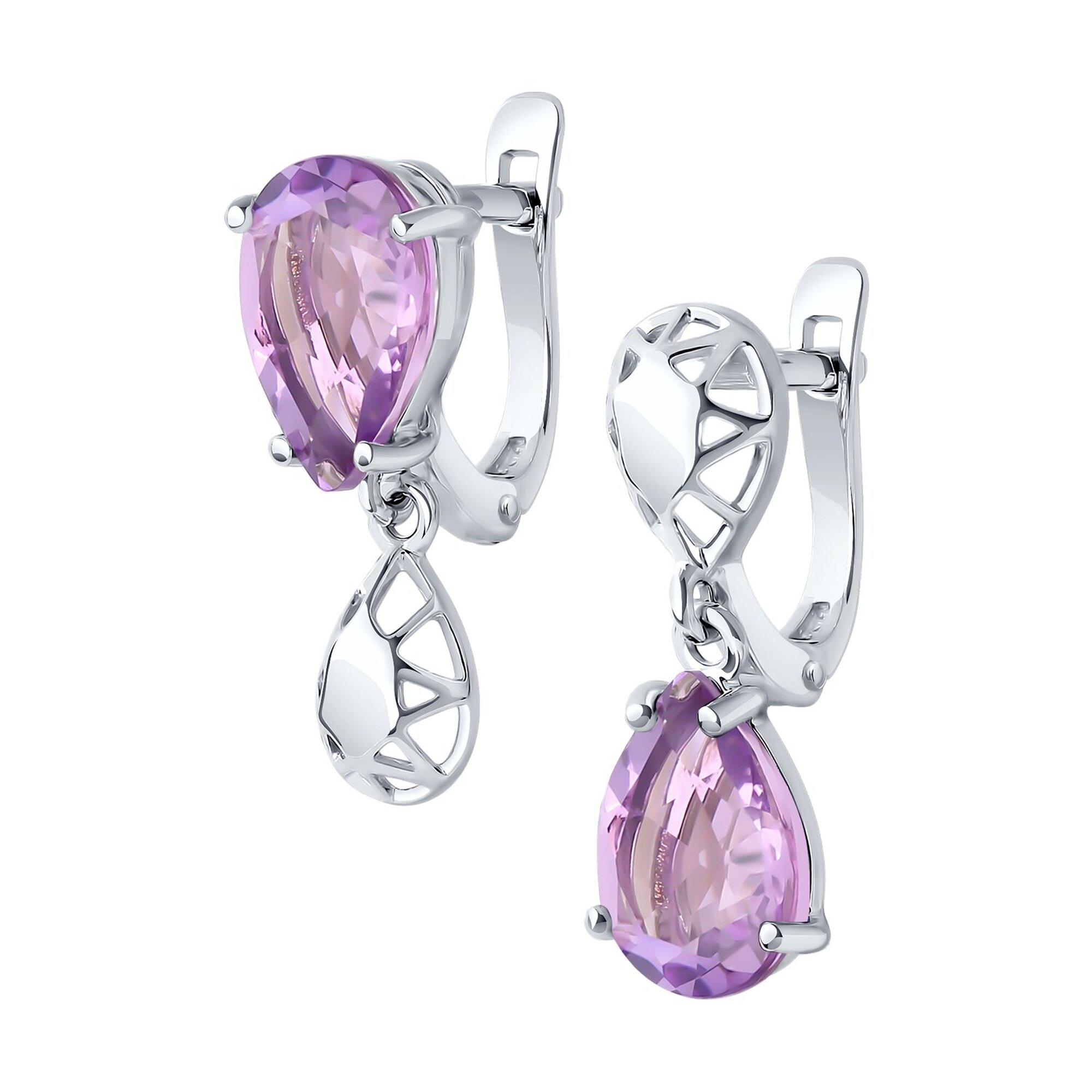 Серьги с подвесками, серебро, 925 проба, родирование, аметист