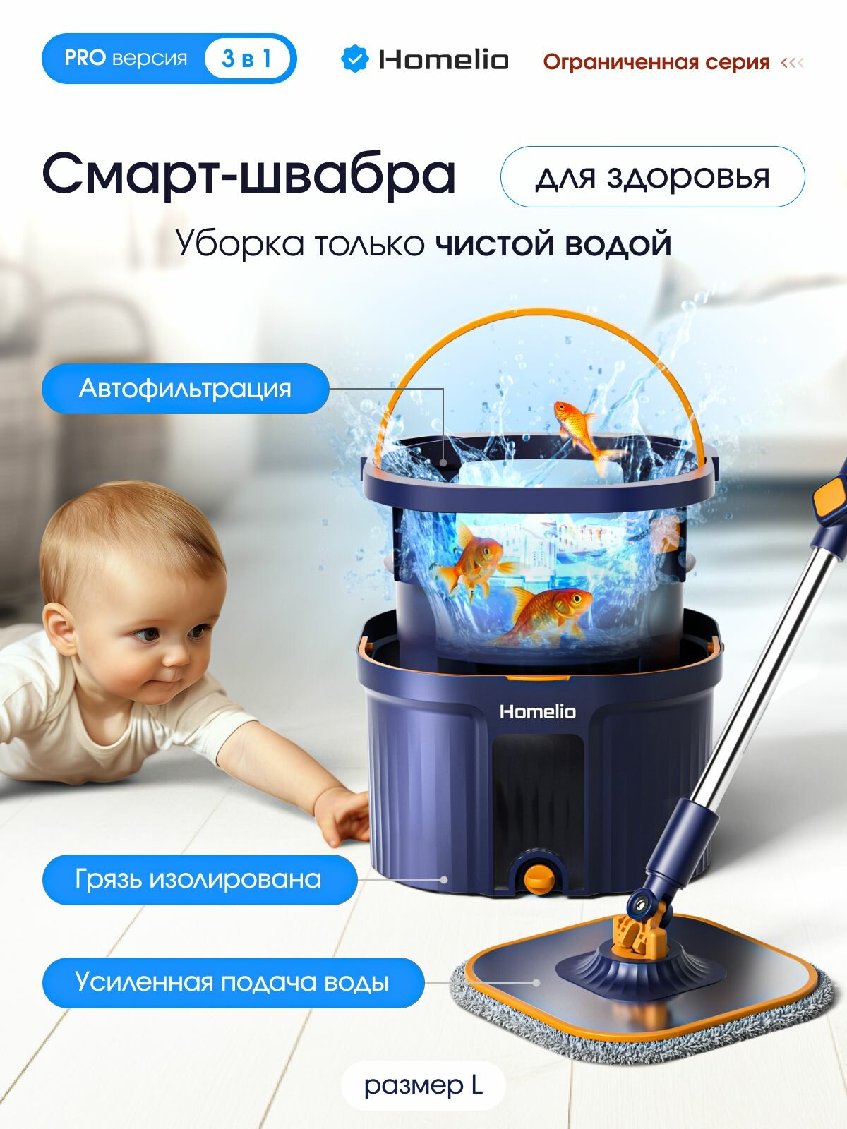 Умная Швабра с отжимом и ведром 14 л размер L Синяя