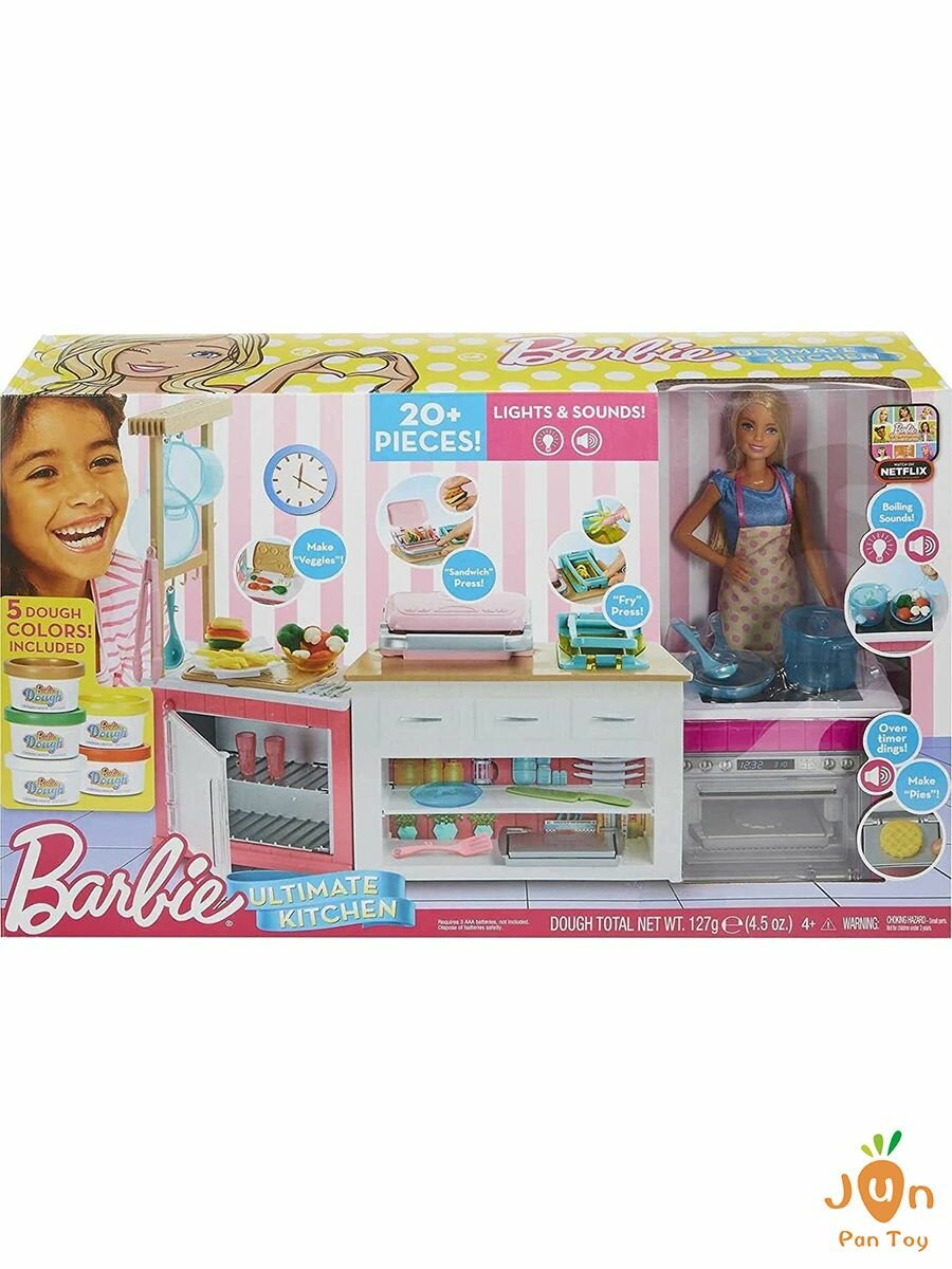 Интерактивная игрушкаv Mattel Barbie Ultimate Kitchen / Игрушечный набор для кухни для девочек с формочками, тестом и аксессуарами, подходящий для подарок на день рождения от 4 лет и старше