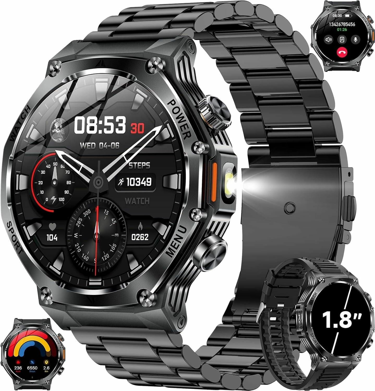 Часы наручные мужские смарт прямоугольные, водонепроницаемые , с фонариком, вызова по Bluetooth для Android iOS