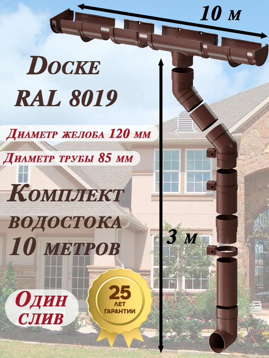 Водосточная система Docke Premium 10 м по 1 метру (один слив) 120мм/85мм коричневый водосток для крыши пластиковый Деке Премиум ( RAL 8019 шоколад ) комплект ПВХ