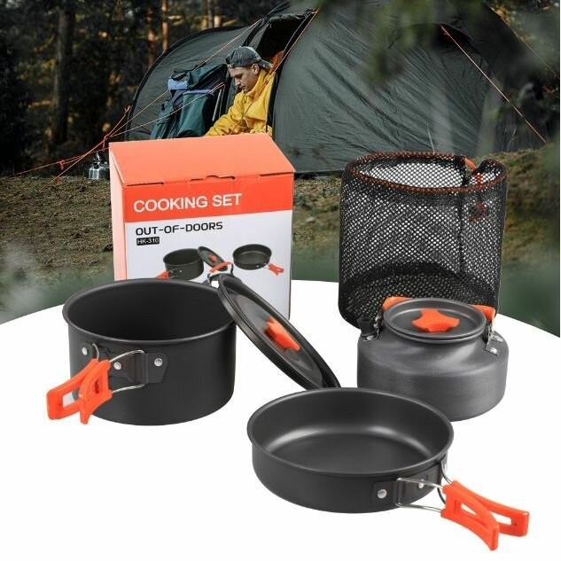 Набор посуды туристический для костра из анодированного алюминия, кастрюля, сковорода для пикника, чайник походный костровой для путешествий, охоты, рыбалки, выживания, кемпинга