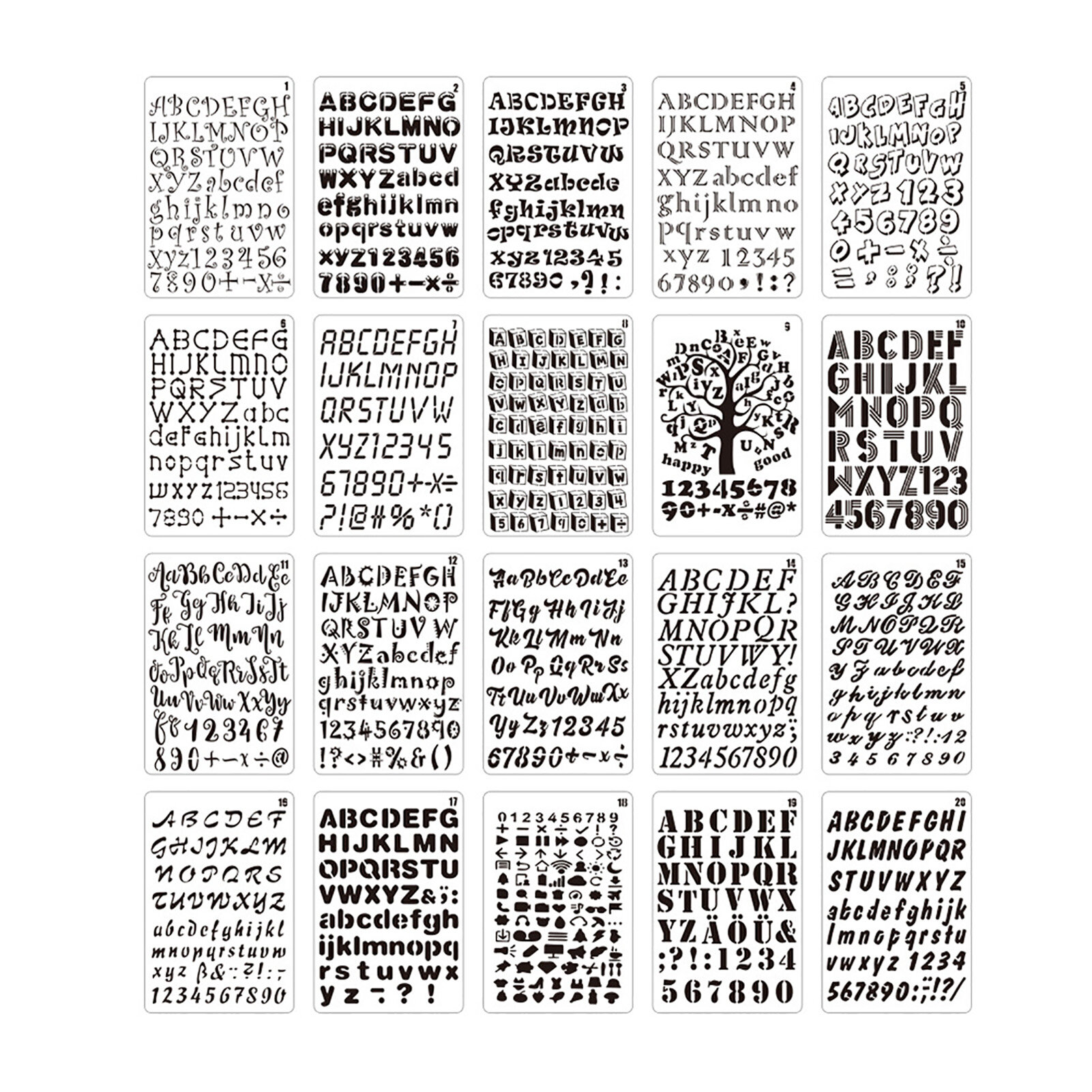 20 трафаретов для букв и цифр формата B5, многоразовые, из ПЭТ, для рисования, живописи, ведения дневника, рукоделия, скрапбукинга, планирования и украшения.