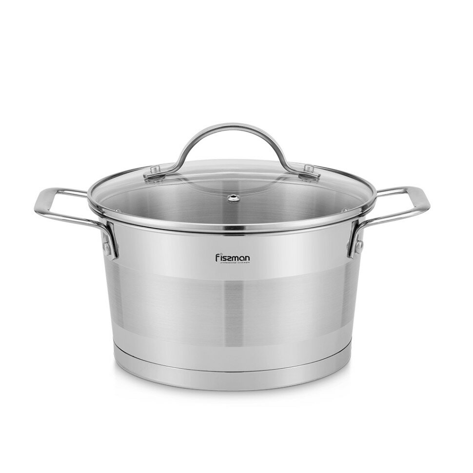 5495 FISSMAN Кастрюля TIERNO 20x11,5 см / 3,1л со стеклянной крышкой (нерж. сталь) Ручки-нерж. сталь; Крышка-стекло; Индукция; Термоаккумулирующее многослойное дно.