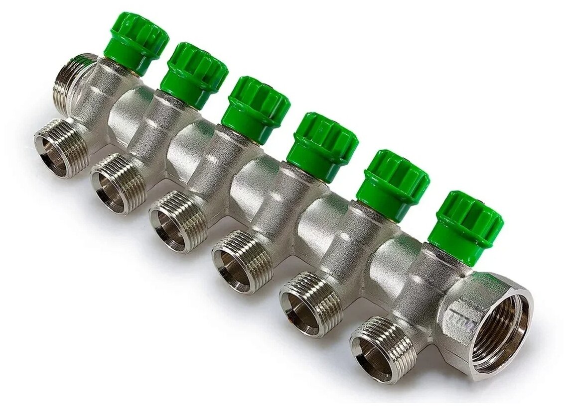 Коллектор регулирующий под 45°, 1"г/ш х 3/4ш - 6 вых. Вентильный, под евроконус MFMN-E серии или адаптер M312-3A