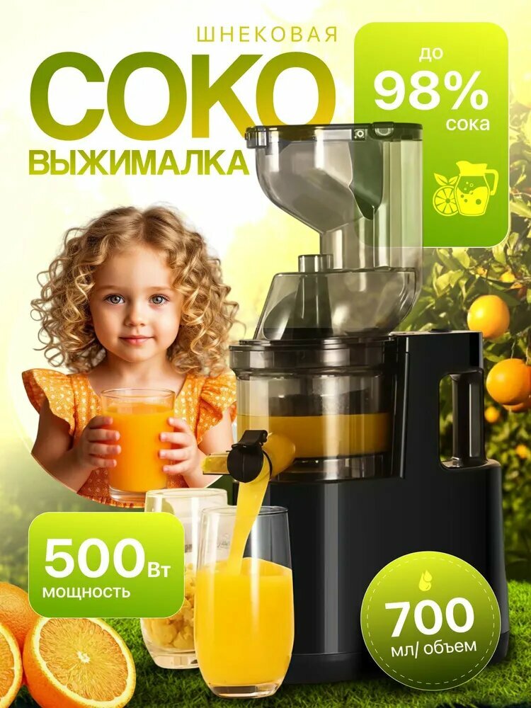 Шнековая соковыжималка, для овощей, фруктов, ягод, холодный отжим, вертикальная, 500Вт, пластик