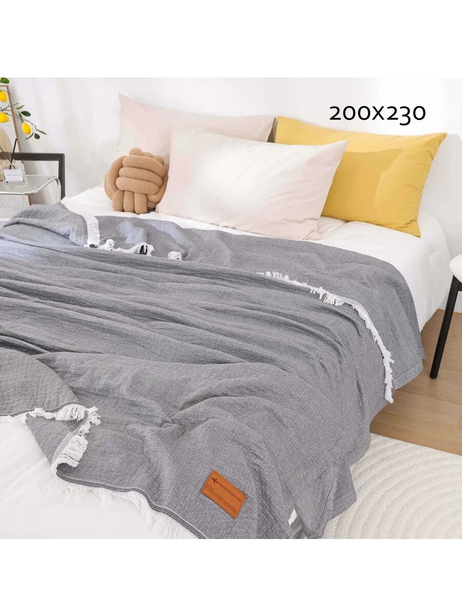 Покрывало "Богема", хлопок, с бахромой, 200x230 см, белое-серое