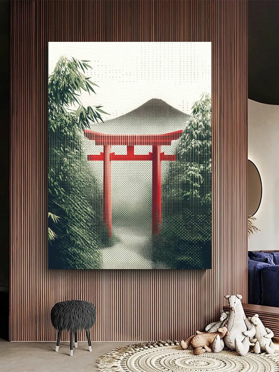 Картина интерьерная - "Пейзаж в японском стиле / гора Фудзи и сакура" , 40х60 см.