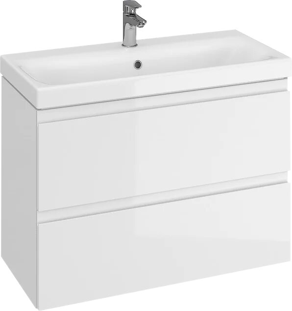 Тумба с раковиной Cersanit Модуо Тонкий (Moduo slim) 80 подвесная, 80 см, белая, глянцевая, из МДФ, с ящиками, раковина для ванной, фарфоровая, прямоугольная, встроенный слив-перелив