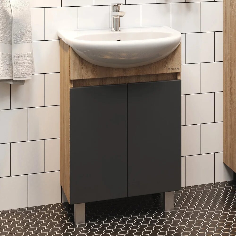 Тумба с раковиной Onika Милтон напольная, 56 см, серая, светлое дерево, матовая, из МДФ, с дверками, раковина для ванной фаянсовая, полукруглая, встроенный слив-перелив, лофт