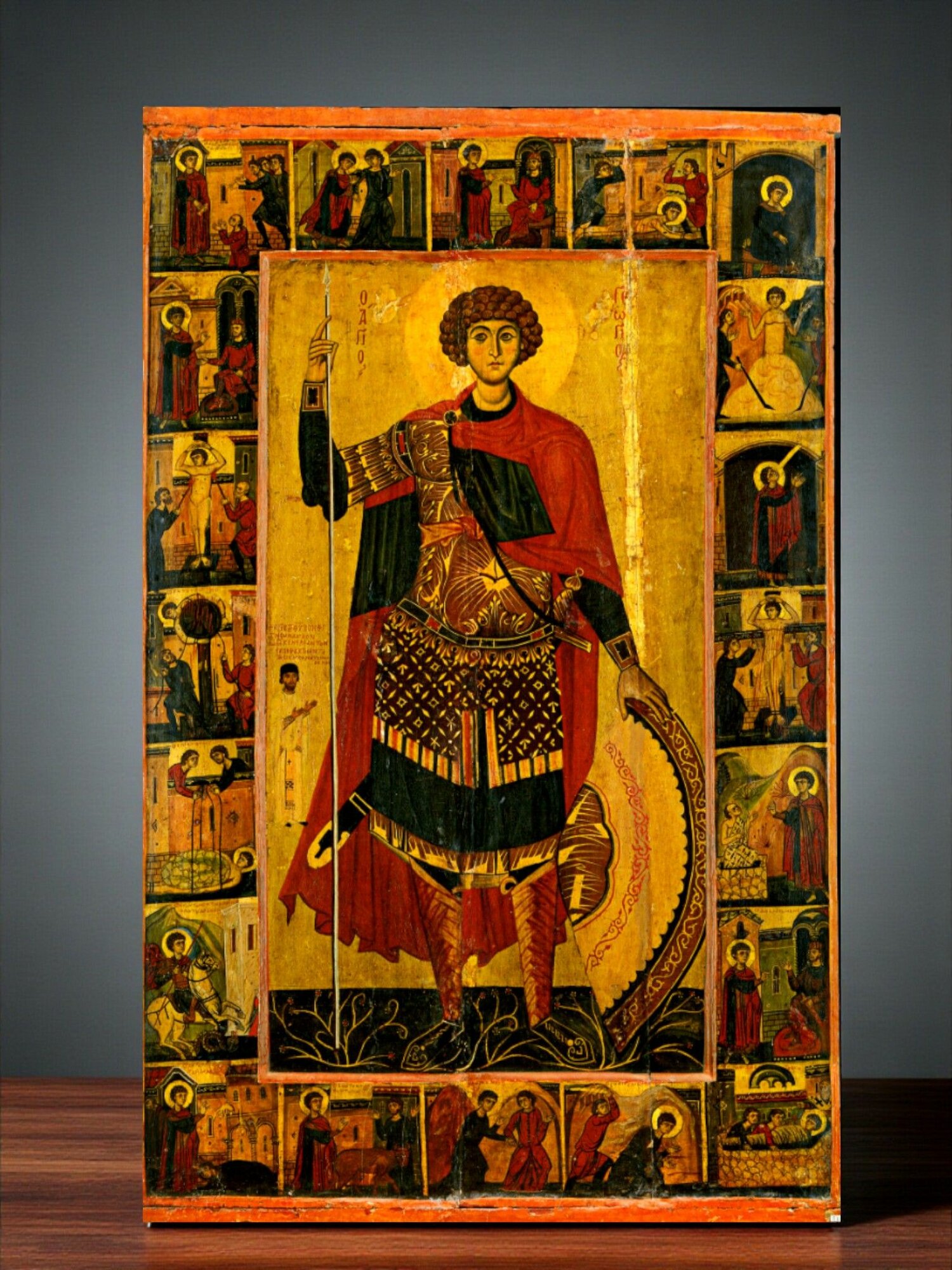 Георгий Победоносец святой великомученик со сценами жития. Деревянная икона на левкасе (19 см)