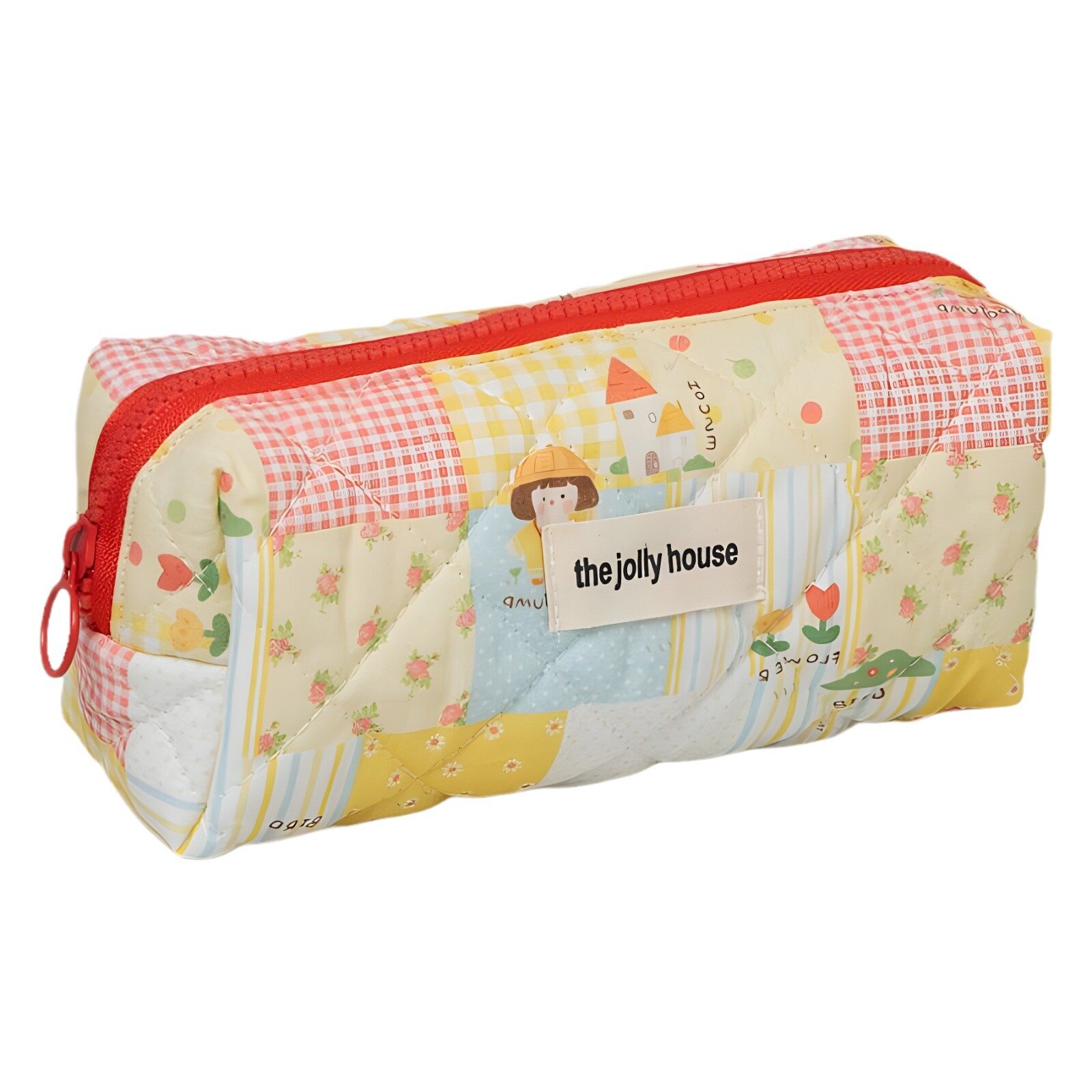 Вместительный пенал с красочным принтом в стиле пэчворк, эстетичный холщовый органайзер для канцелярских принадлежностей, чехол для ручек с красной молнией, многофункциональный пенал для девочек, мальчиков, студентов, школьных канцелярских принадлежн