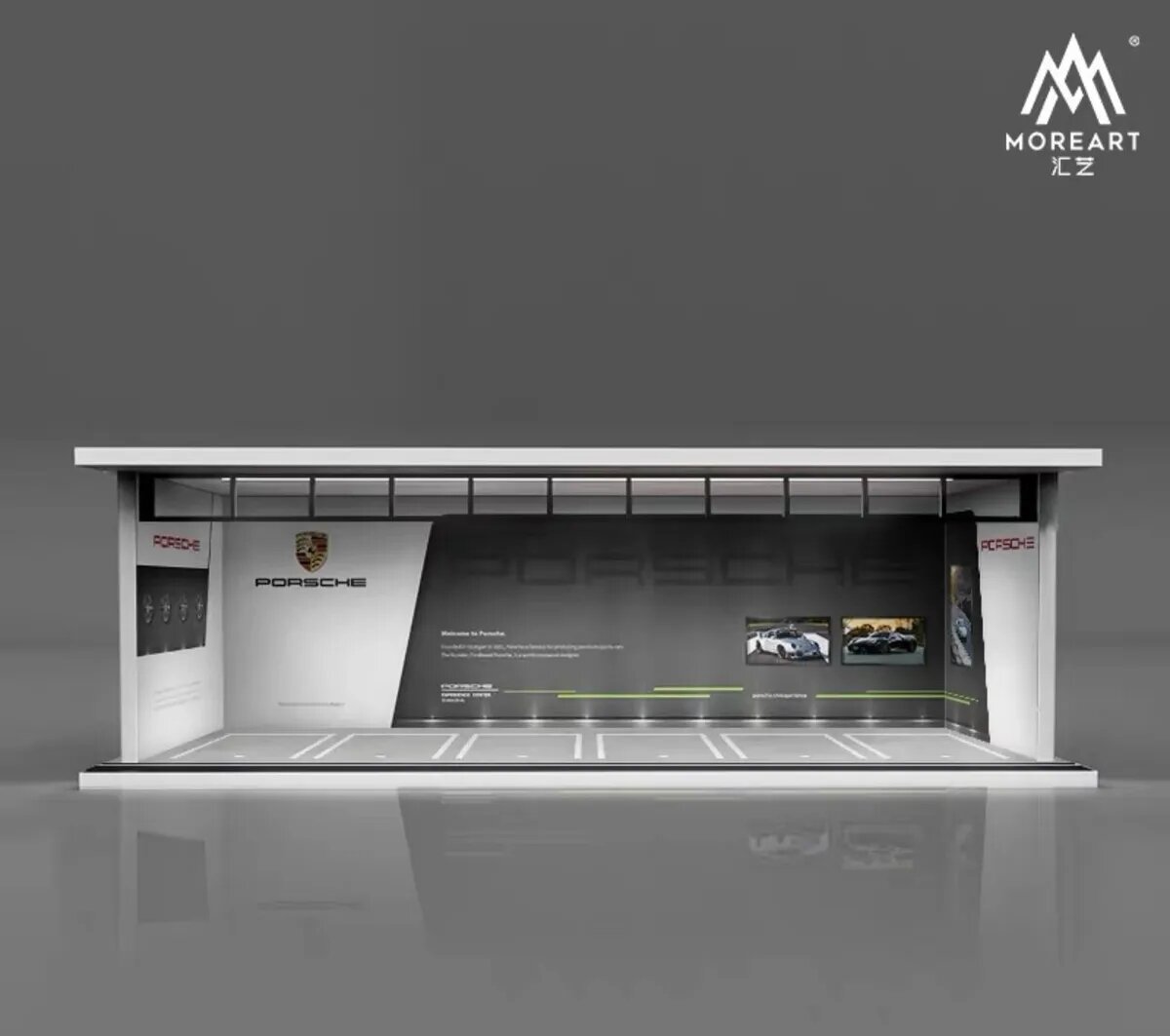 Диорама гараж MoreArt Porsche с подсветкой для машинок для моделей 1:64. Игрушечный гараж, парковка для машинок