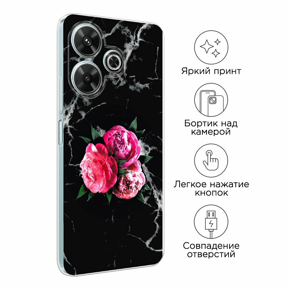 Чехол на Xiaomi Redmi Note 13R/Redmi 13/Poco M6 4G/M6 Plus / Сяоми Редми Ноут 13R с принтом "Букет на черном мраморе" — фото 1