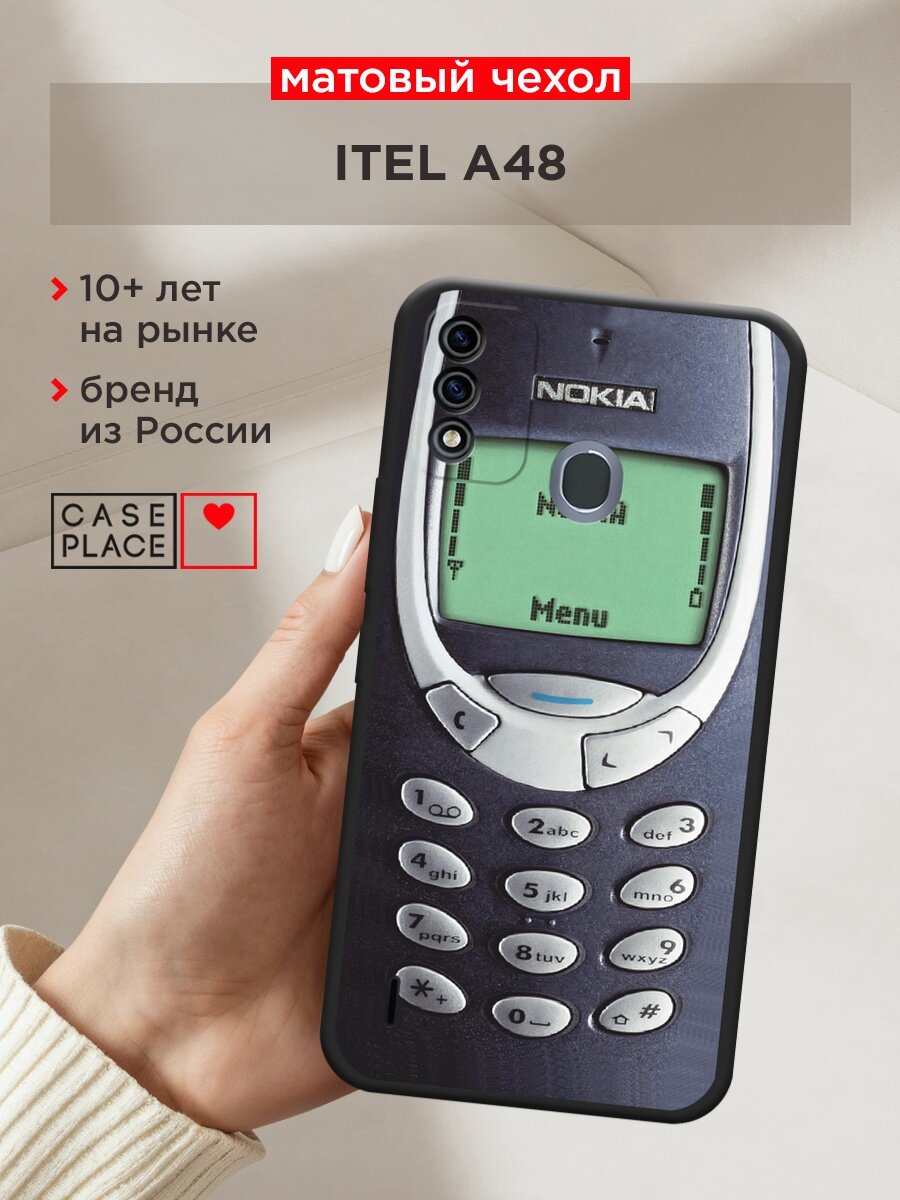 Черный матовый чехол на Itel A48 / Ител А48 с принтом "Нокия"
