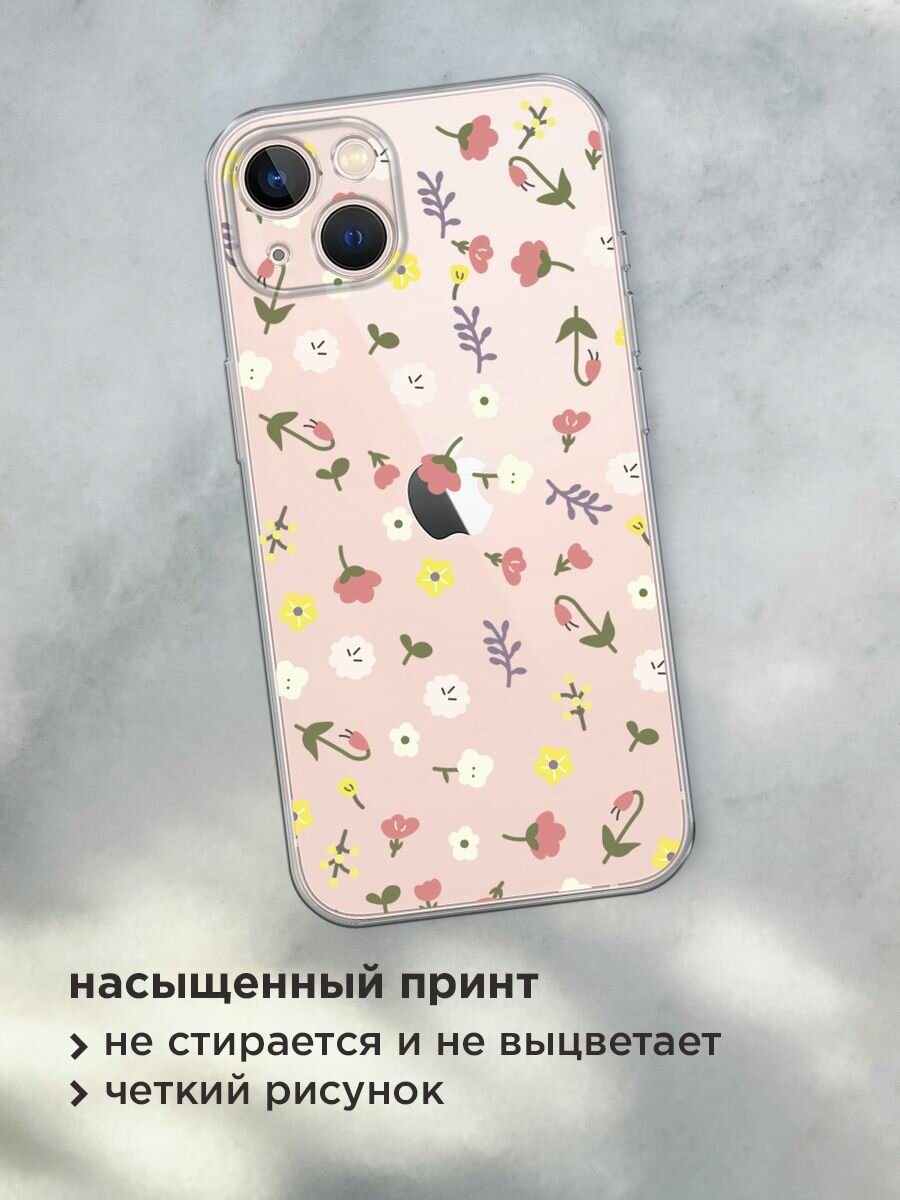 Чехол на Apple iPhone 13 / Айфон 13 с принтом "Россыпь цветов рисунок", прозрачный — фото 1