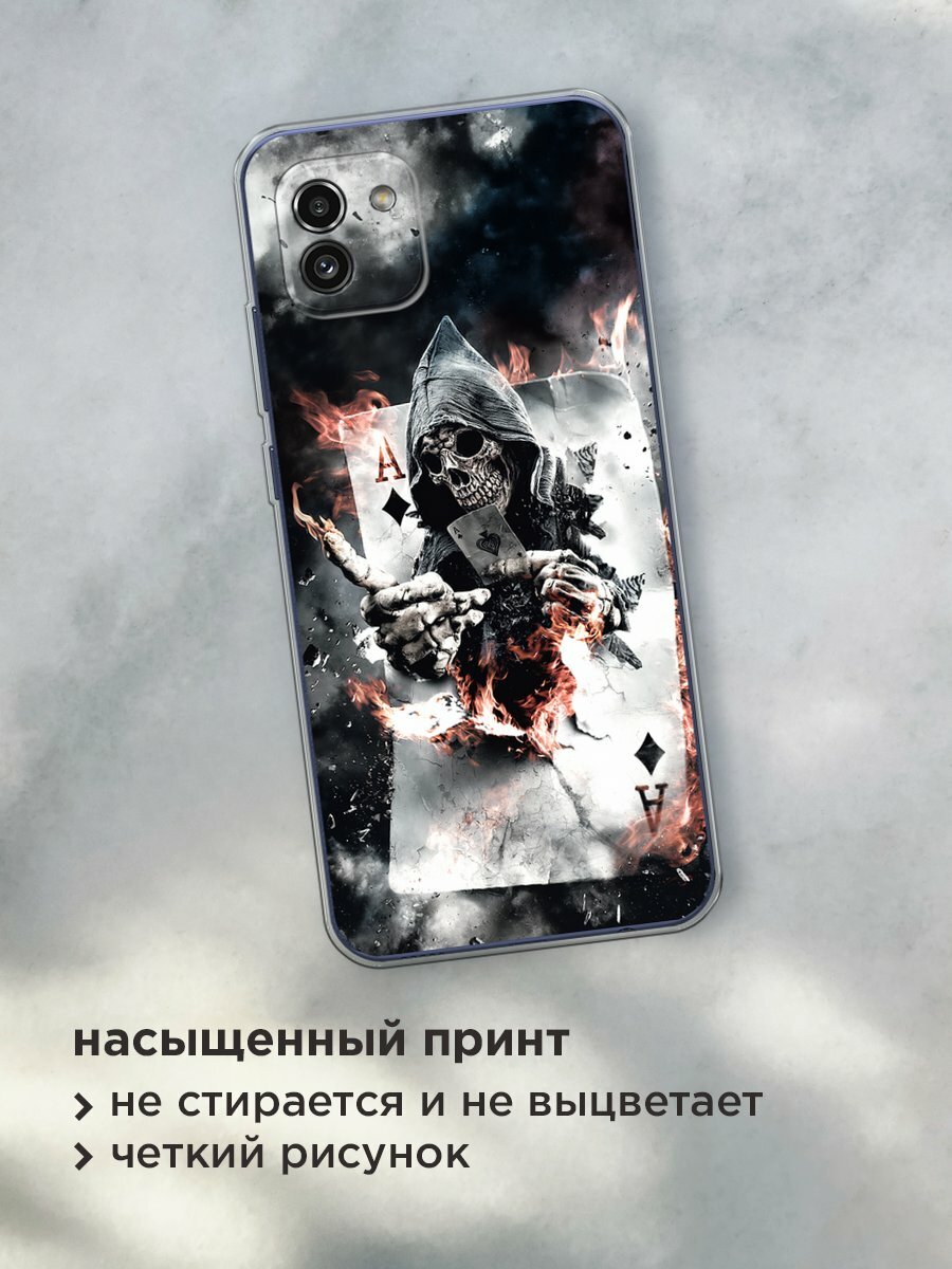 Чехол на Samsung Galaxy A03 / Самсунг Галакси А03 с принтом "Карты черепа в капюшоне" — фото 1