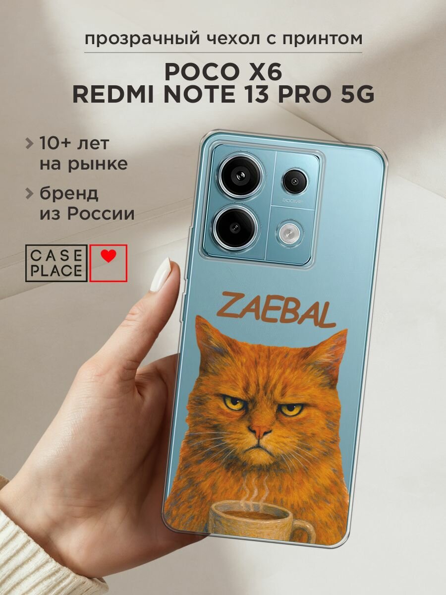 Чехол на Poco X6/Redmi Note 13 Pro 5G / Поко Х6/Сяоми Редми Нот 13 Про 5G с принтом "Рыжий кот с надписью", прозрачный