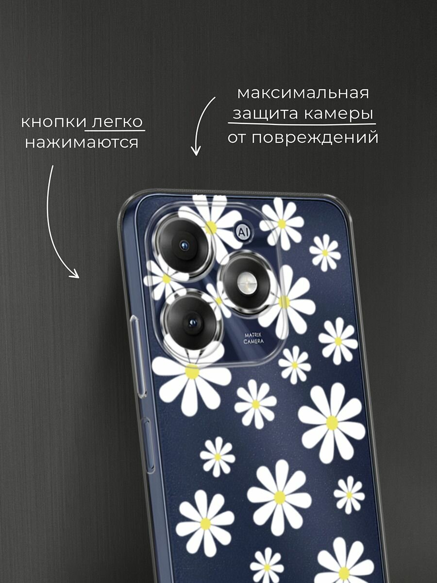 Чехол на Itel A70 / Ител А70 с принтом "Большие ромашки", прозрачный — фото 1