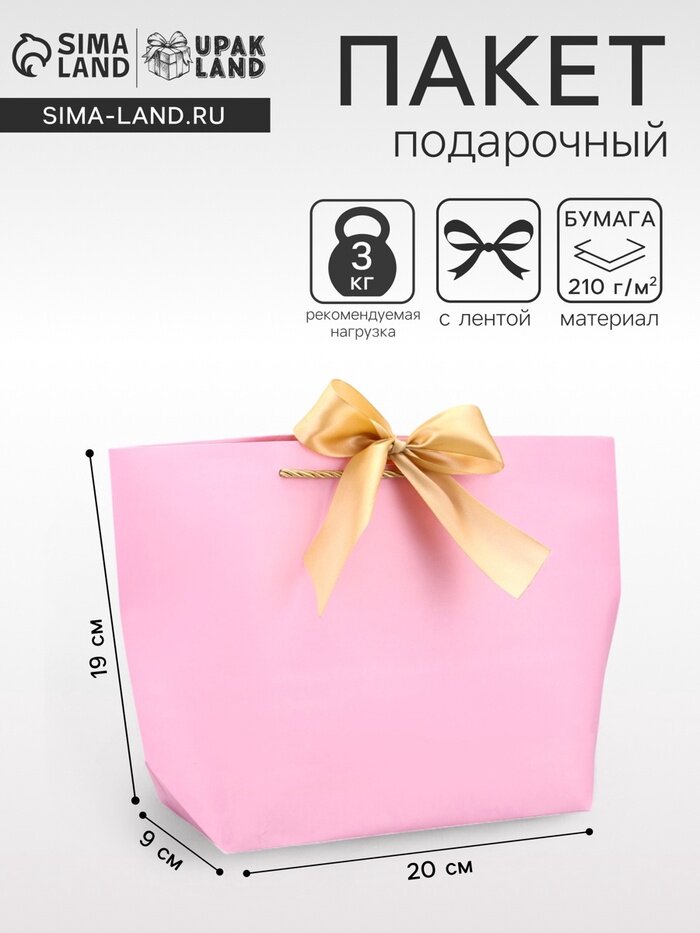 Пакет подарочный ламинированный с лентой Розовый, горизонтальный, 19×20×9 см, 2 шт.