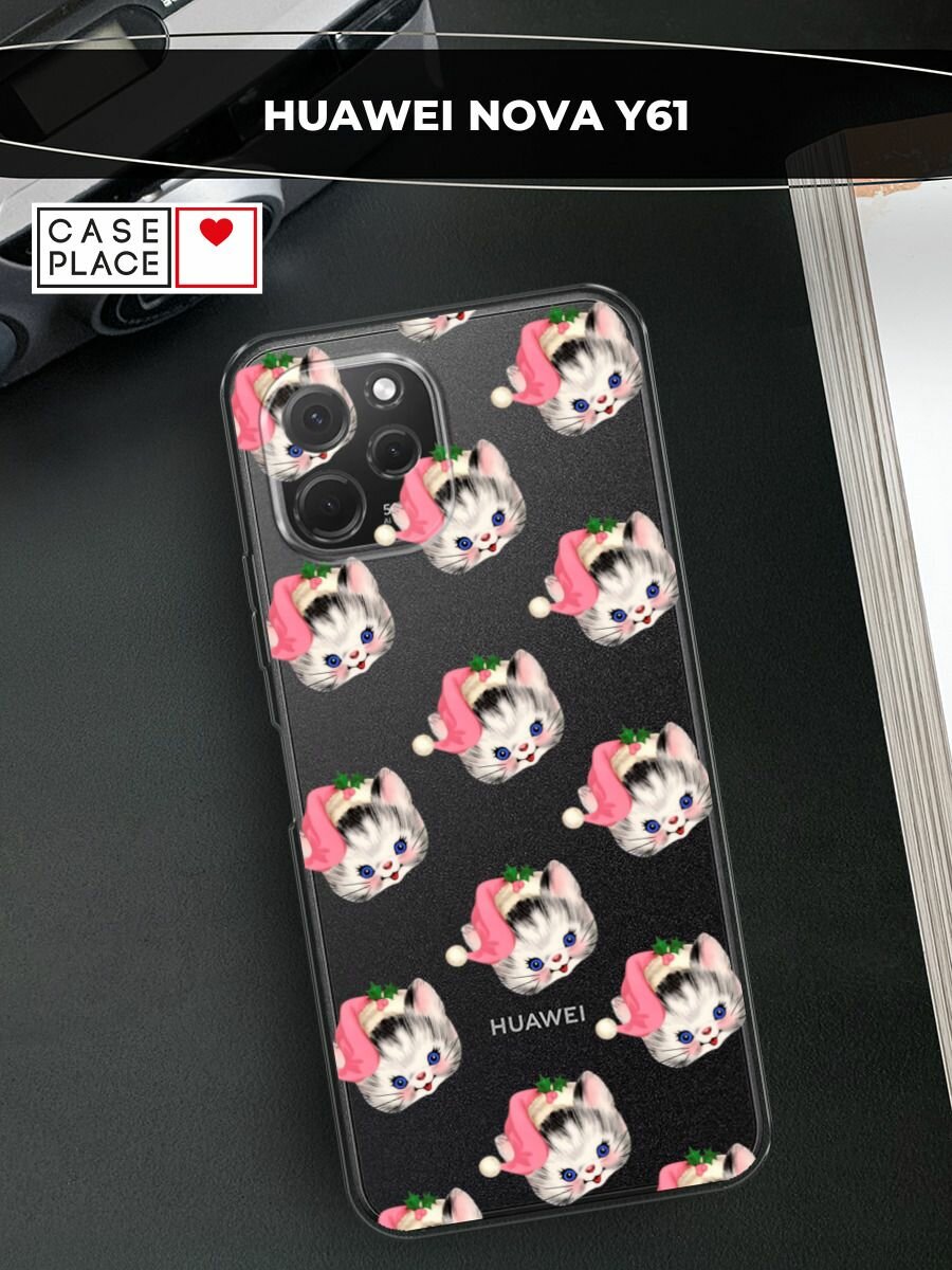 Чехол на HuaweI Nova Y61 / Хуавей Нова Y61 с принтом "Котик в шапке паттерн", прозрачный
