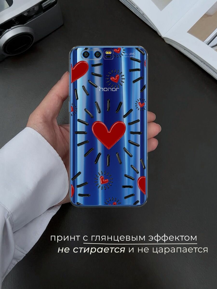 Чехол на Honor 9 / Хонор 9 с принтом "Бордовые сердца паттерн" — фото 1