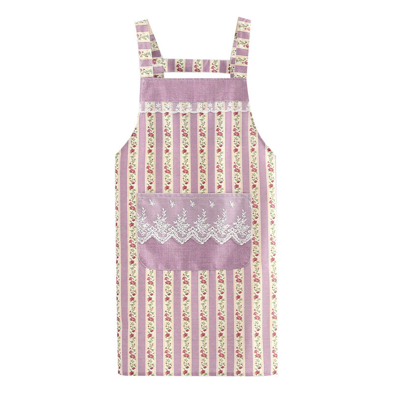 Женский фартук в японском стиле с цветочным принтом и кружевным карманом. Дышащие фартуки из полиэстера с полосатым принтом роз. Кухонный фартук без рукавов для готовки, уборки или повседневной работы по дому.