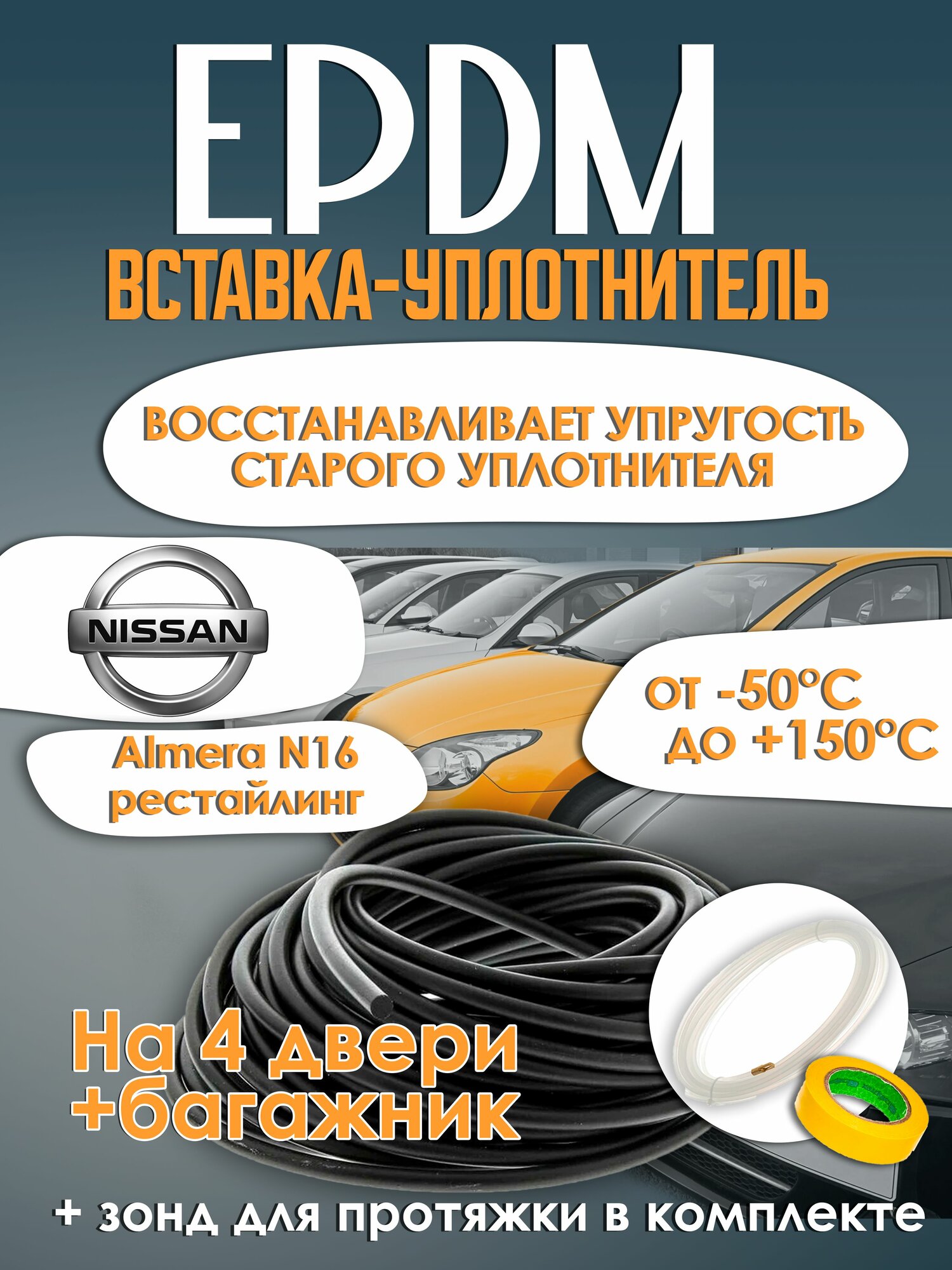 EPDM вставка-уплотнитель для дверей автомобиля Nissan Almera N16 рестайлинг (2002-2006) / Ниссан Альмера Н16 рестайлинг