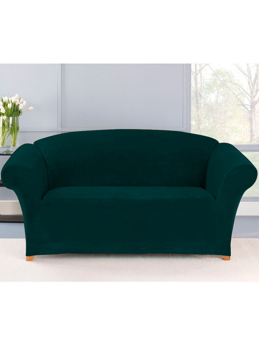 Чехол на двухместный диван Бруклин темно-зеленый, стрейчевый велюр, Виктория Хоум Декор