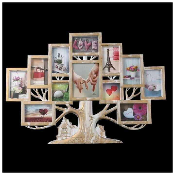 Фоторамка пластик на 12 фото 10х10, 10х15, 15х20 см 'Семейное дерево'бел с золотом 58х82см