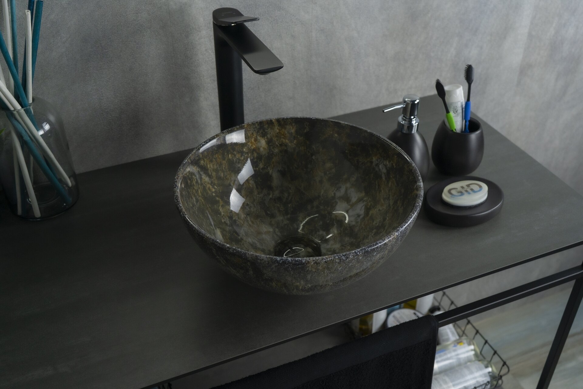 Раковина накладная GID Esfera Mnc486 32x32 эффект натурального камня, глянцевая, с донным клапаном