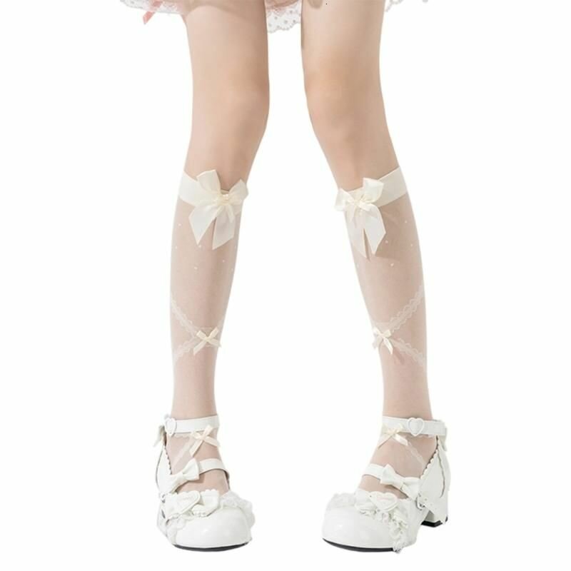 Женские прозрачные гольфы с бантом, Не совсем белый 1