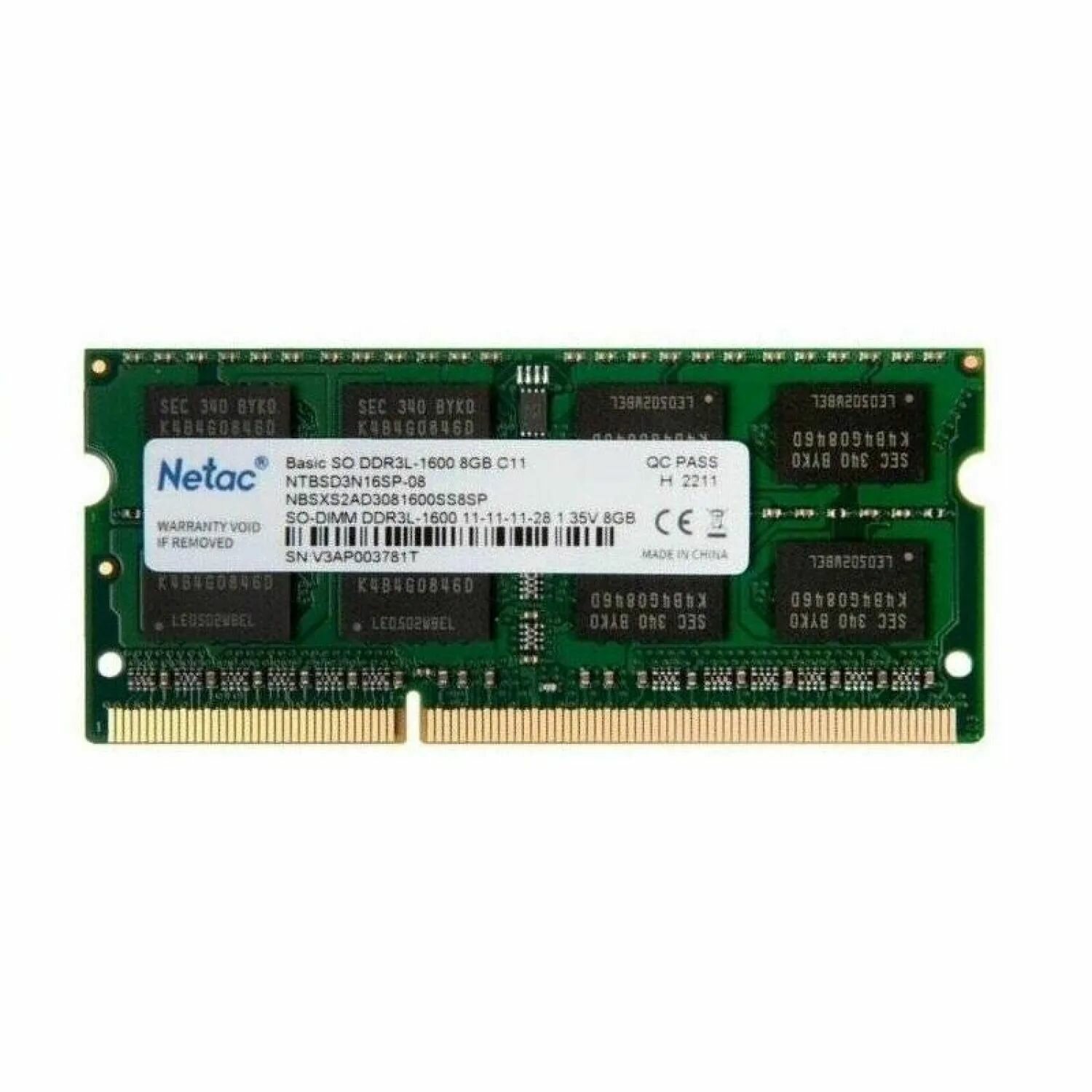 Модуль памяти Netac DDR3L, SO-DIMM, 8 Gb, 1600 Mhz, CL11